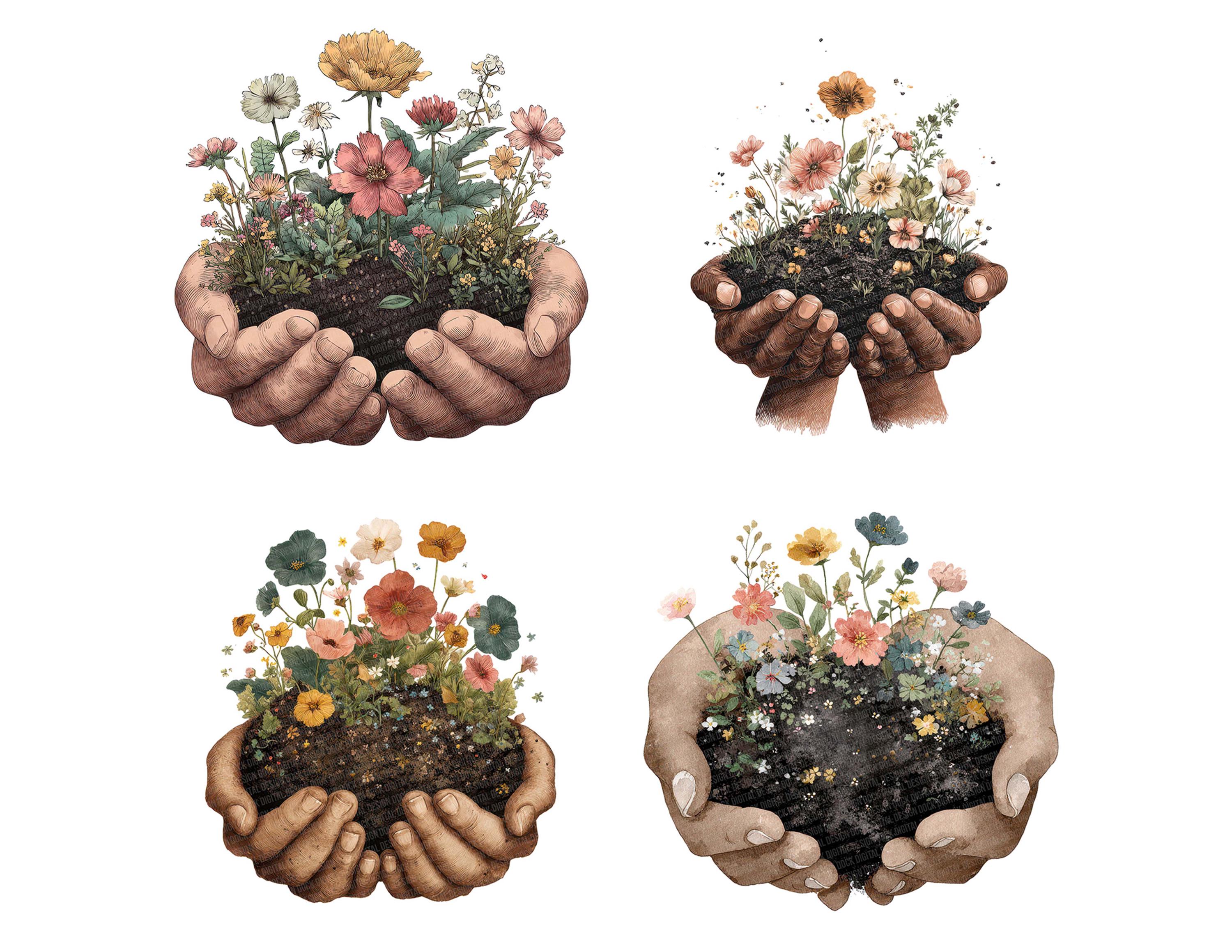12x Watercolor Wildflower PNG Clipart, Hands Holding Flowers Clip Art ...