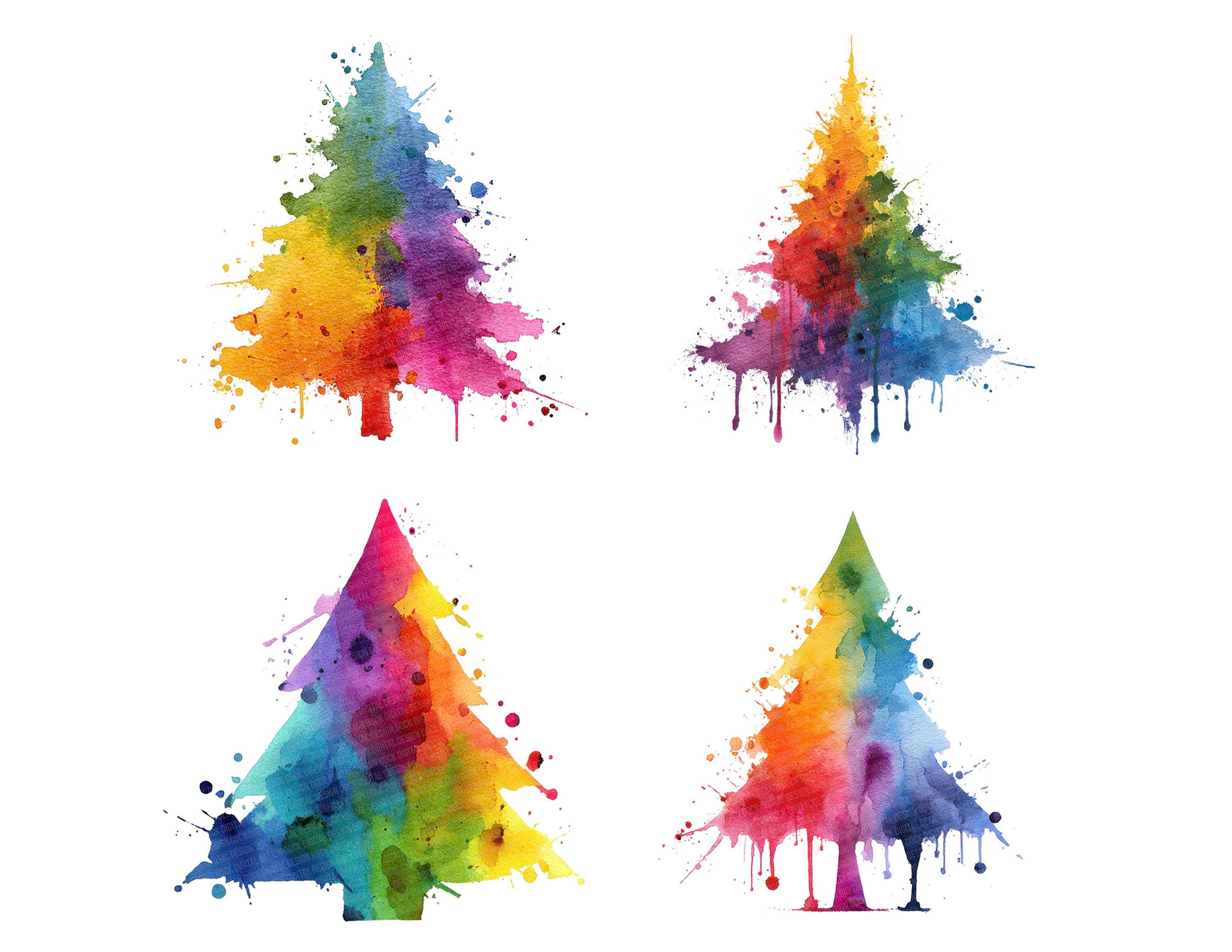 Rainbow Christmas Tree PNG Clipart, 12x Watercolor Splash Holiday Trees ...