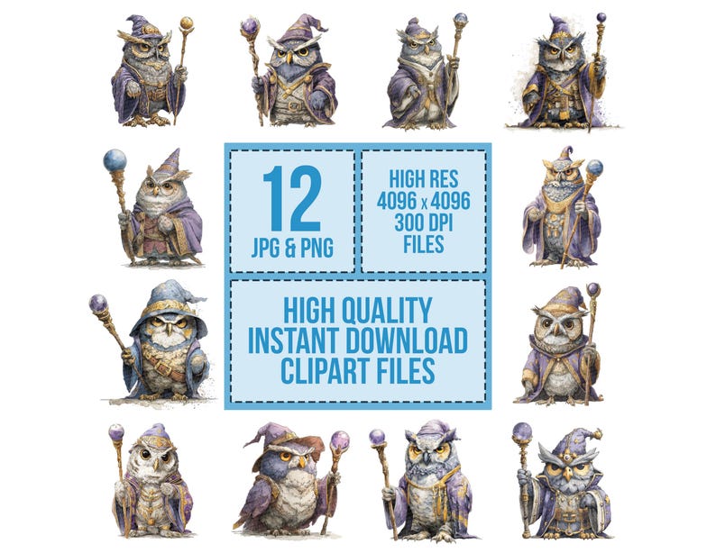 Owl Wizard PNG Clipart, 12x Magical Owl Clip Art, Printable Watercolor ...