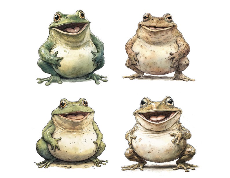 12x Happy Fat Frog PNG Clipart, Whimsical Chubby Toad Watercolor ...