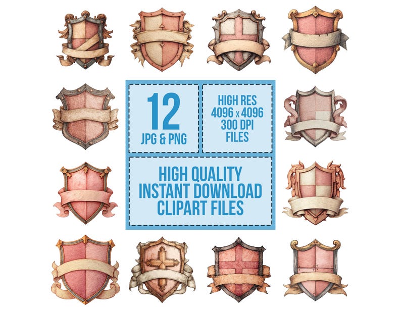 Shield Crest PNG Clip Art, 12x Banner Emblem Clipart Set, Printable ...