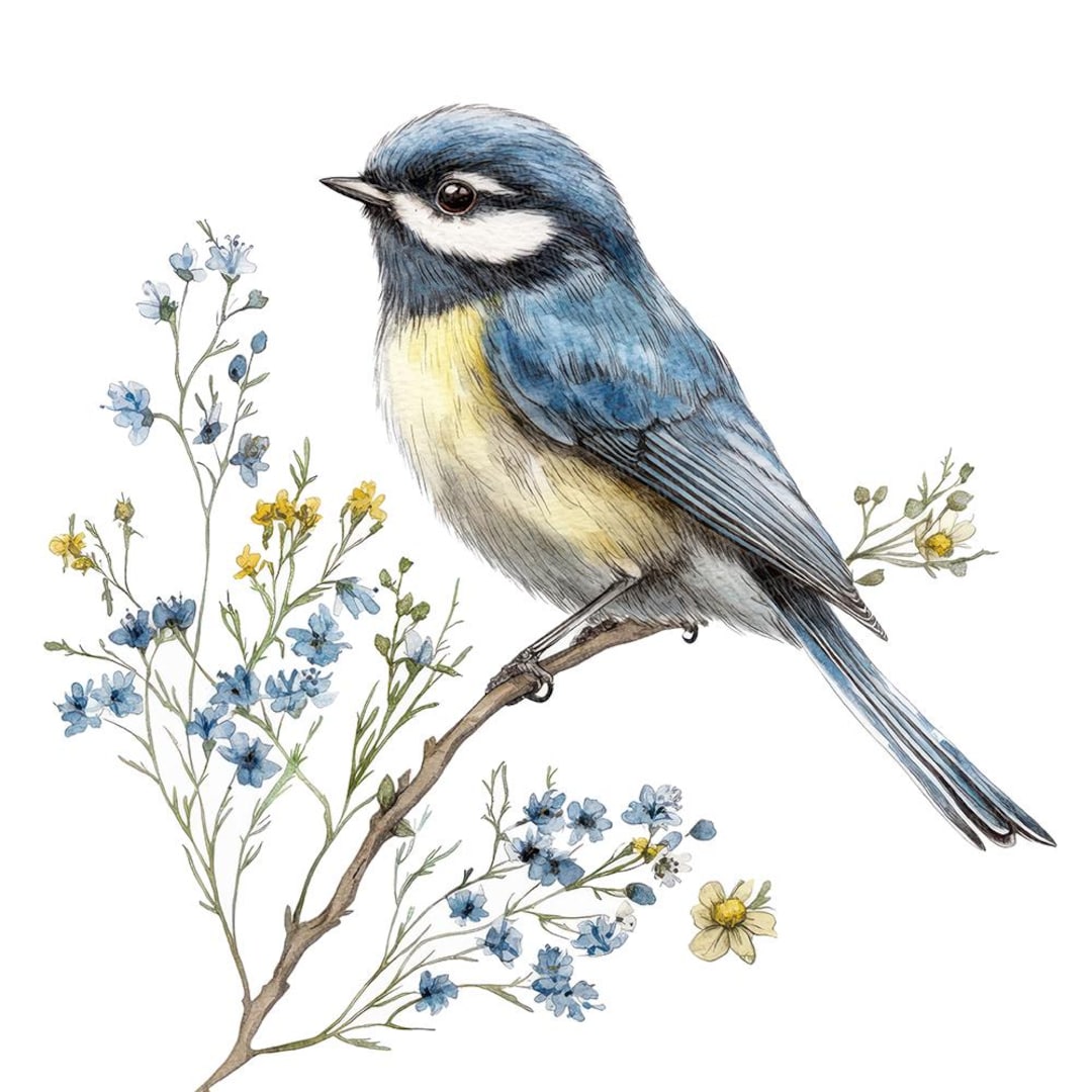 Blue Tit PNG Clipart, 12x Floral Branch Birds Clip Art Set, Printable ...