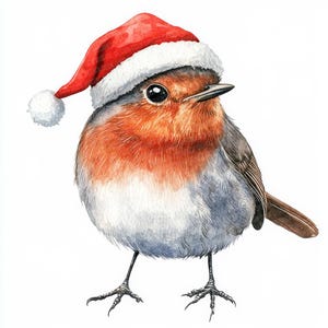 Robin Santa Hat PNG Clip Art, 12x Christmas Bird Watercolor Clipart Set, Printable Digital ...
