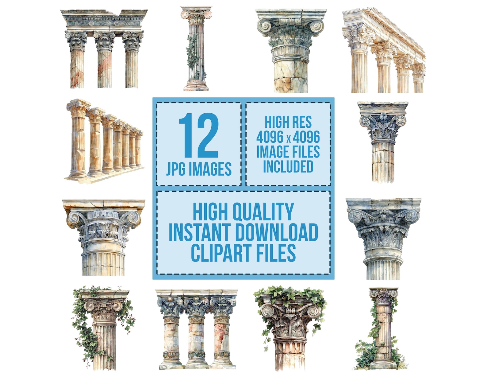 12 Ancient Columns Clipart, Watercolor Greek Roman Architecture ...