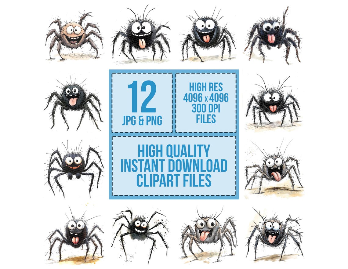 Cartoon Spider PNG Clipart, 12x Funny Bug Clip Art Set, Printable ...