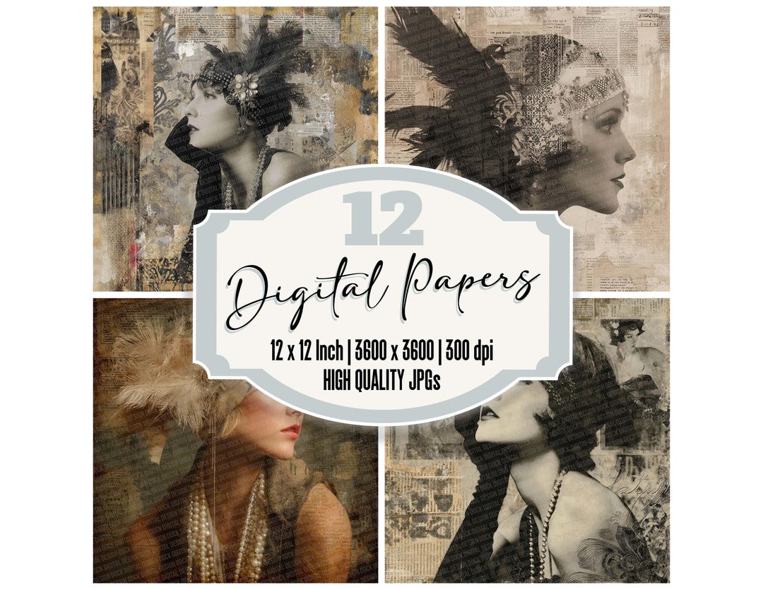 12x 1920s Flapper Femme Junk Journal Paper Collage Digital Paper Pack ...