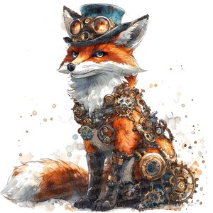 12x Steampunk Fox Clipart, Watercolor Mechanical Animal, High Quality ...