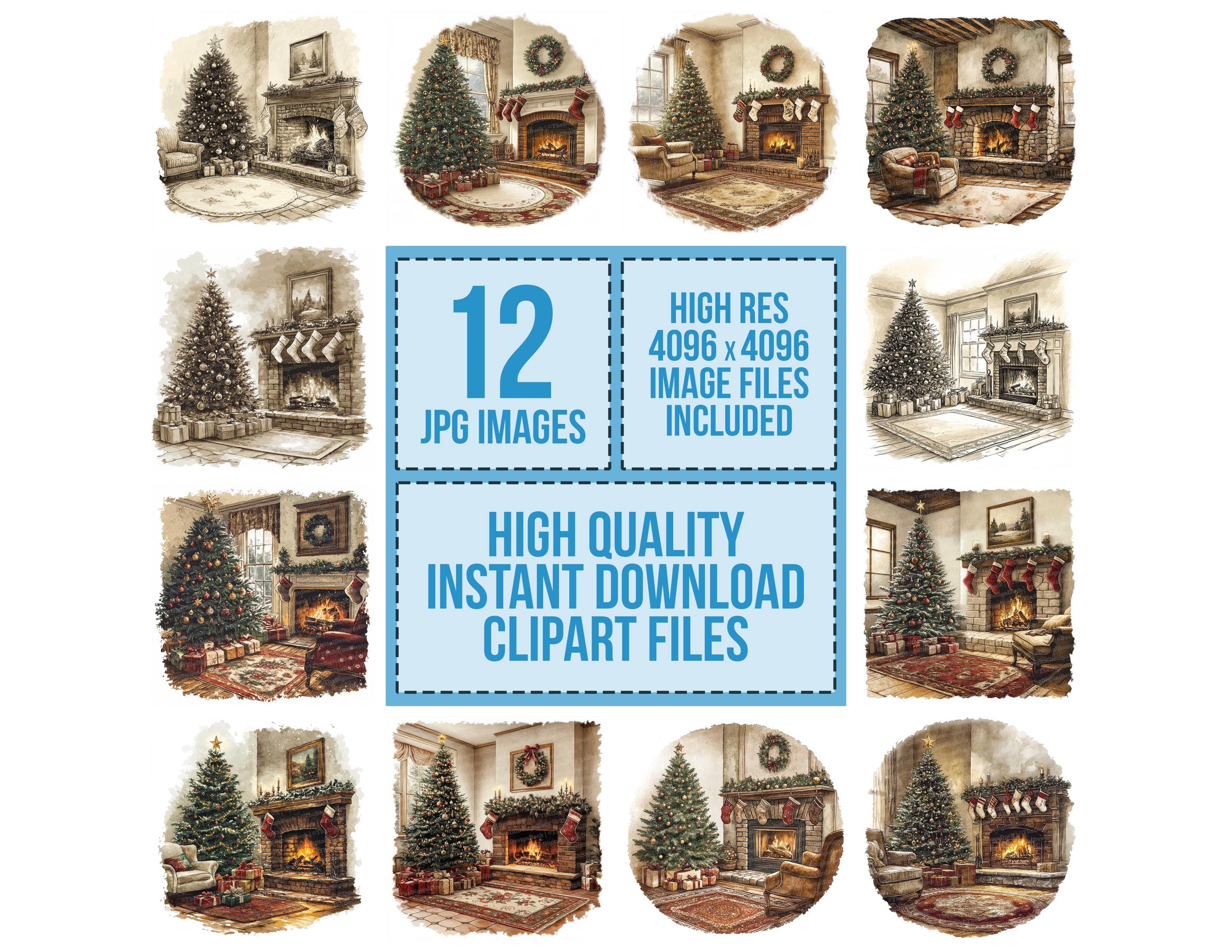 12 Cozy Christmas Scene Clipart, Watercolor Holiday Fireplace ...