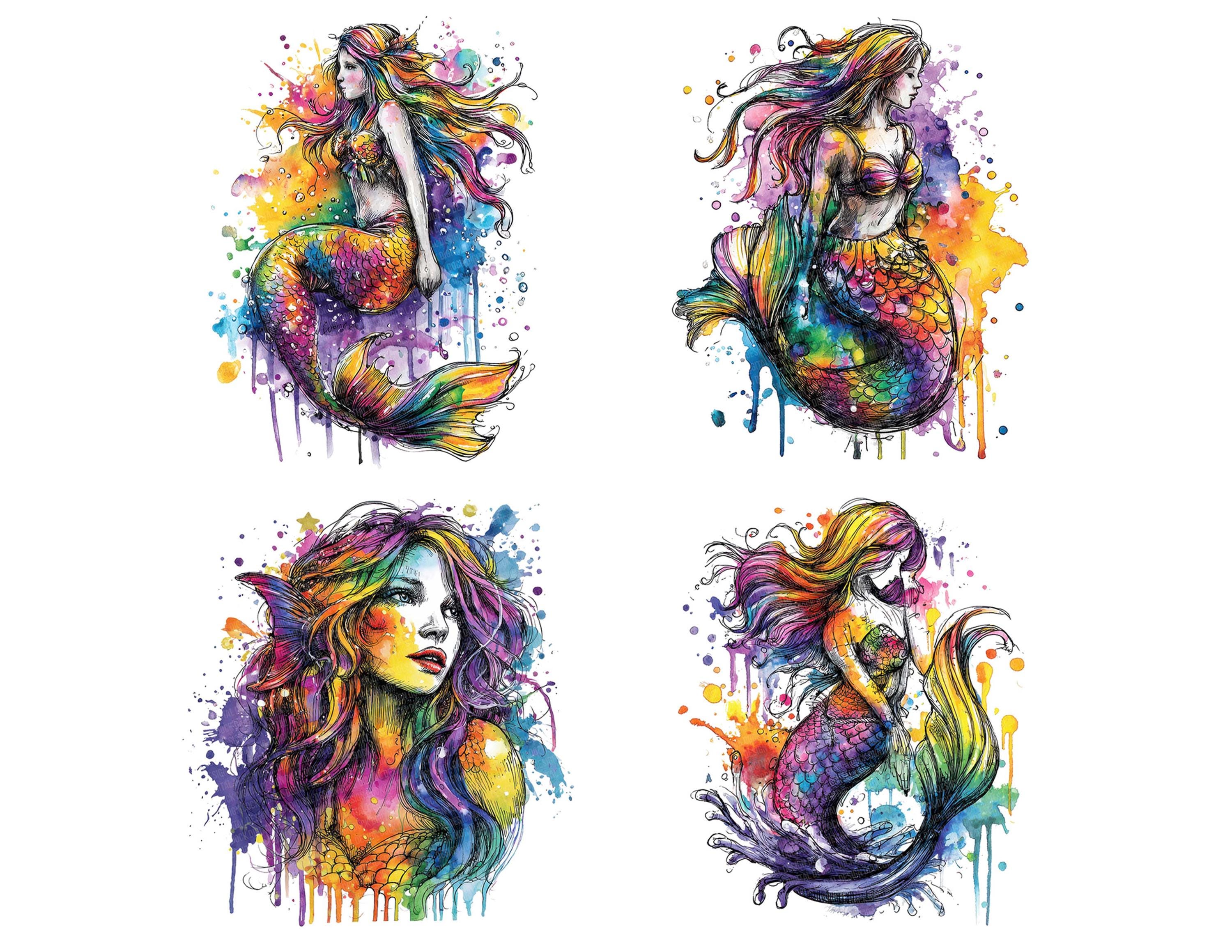 Neon Mermaid PNG Clipart, 12x Watercolor Mermaid Art Set, Printable ...