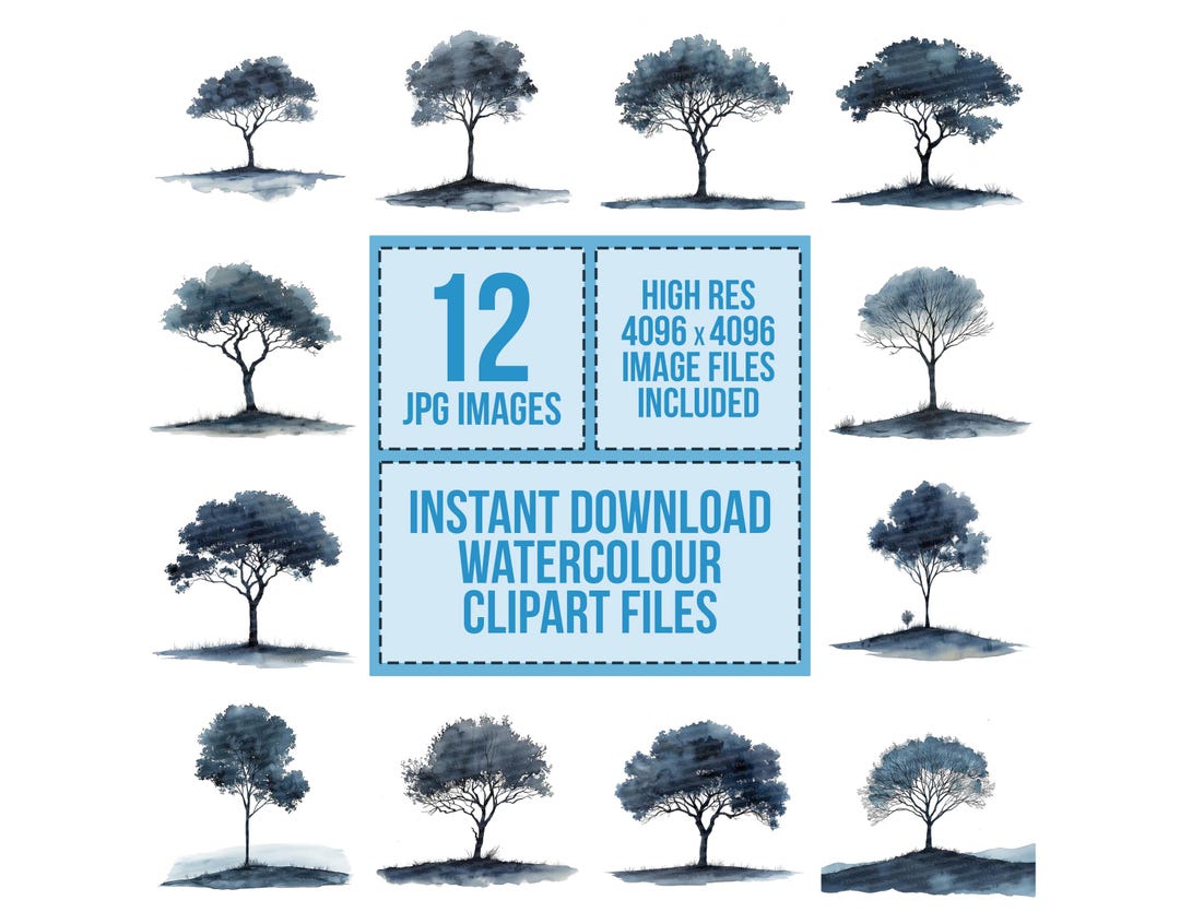 12 Silhouette Tree Clipart, Night Tree Clipart, Printable Watercolor ...