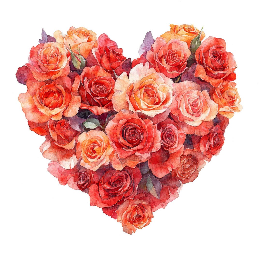12x Rose Heart Clipart, Watercolor Floral Art, High Quality Jpgs ...