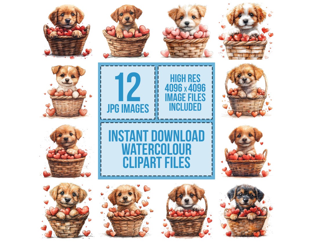 Puppy in Basket Clipart, Cute Dog With Hearts, Printable Watercolor ...