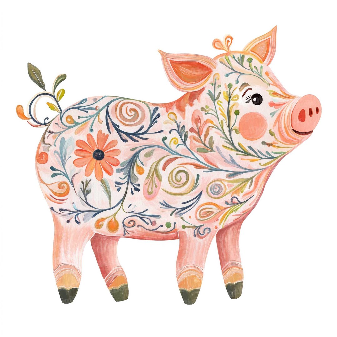 Folk Art Pig Clip Art, 12x Decorative Pig Clipart Set, Watercolor ...
