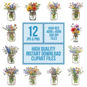 12x Floral Mason Jar PNG Clipart, Watercolor Wildflower Clip Art Set ...