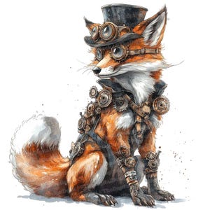 12x Steampunk Fox Clipart, Watercolor Mechanical Animal, High Quality ...