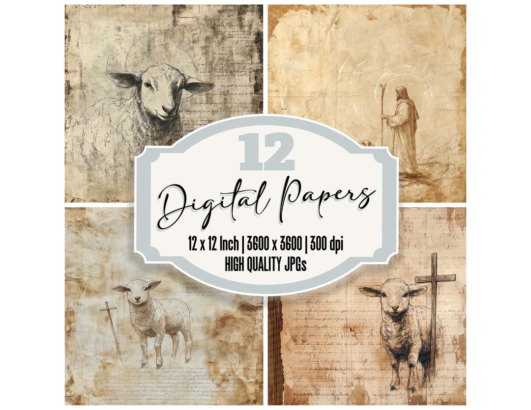 12x Lamb Shepherd Script Junk Journal Paper Christian Digital Paper ...