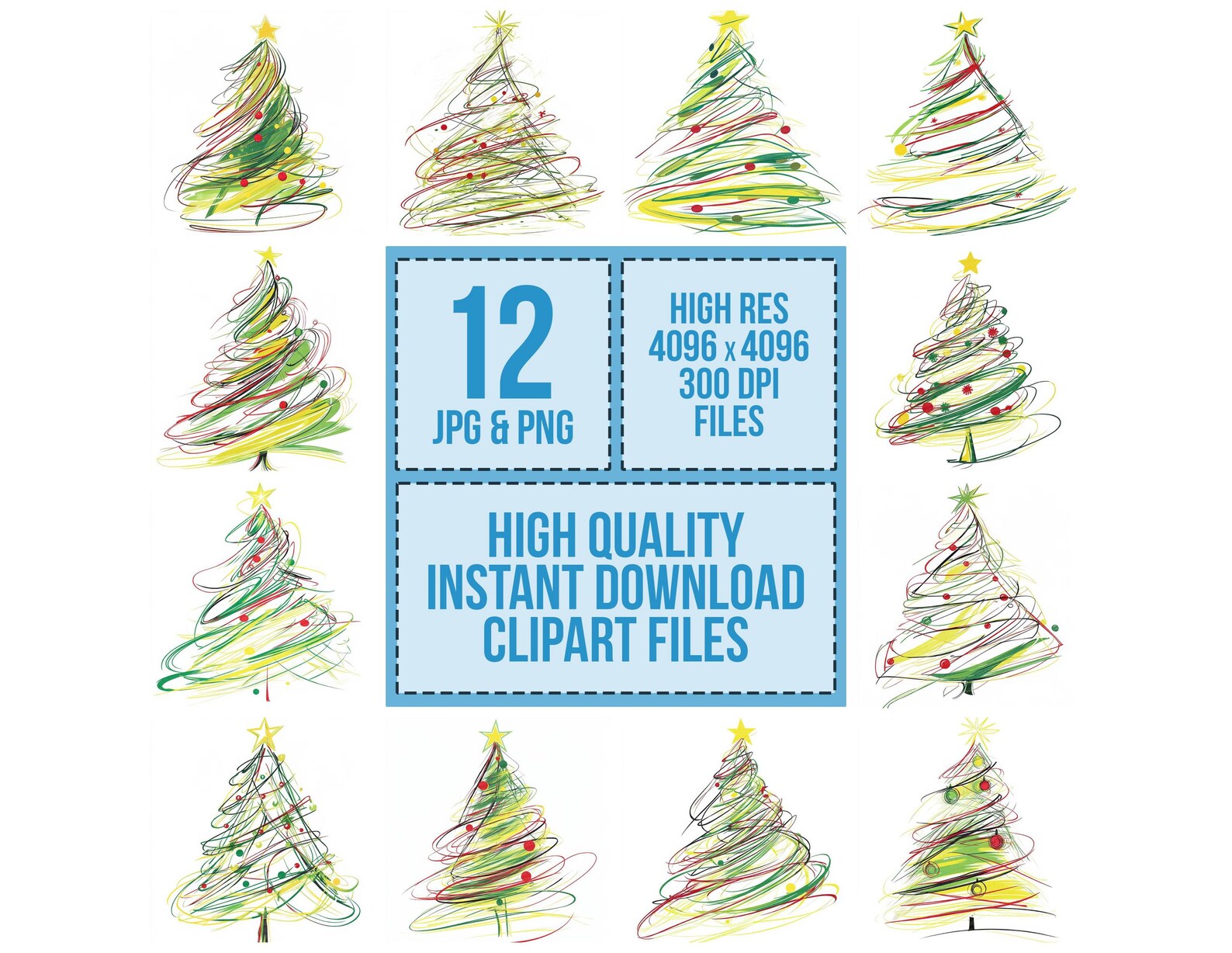Holiday Tree PNG Clip Art, 12x Abstract Swirled Christmas Tree Clipart ...