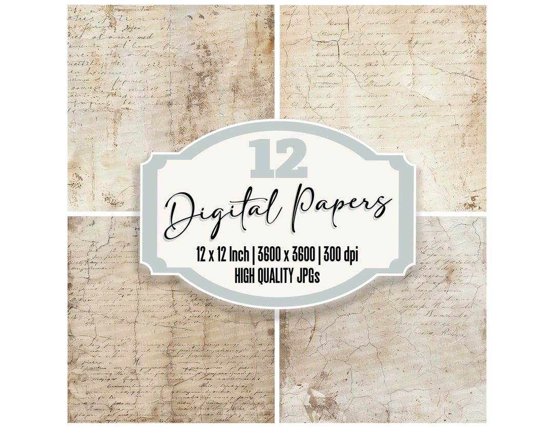 12x Vintage Script Junk Journal Paper, Distressed Antique Typeface ...