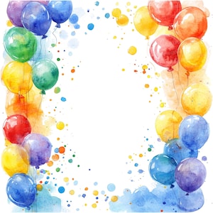 12 Balloon Border Clipart, Watercolor Party Balloons, Printable Clipart ...