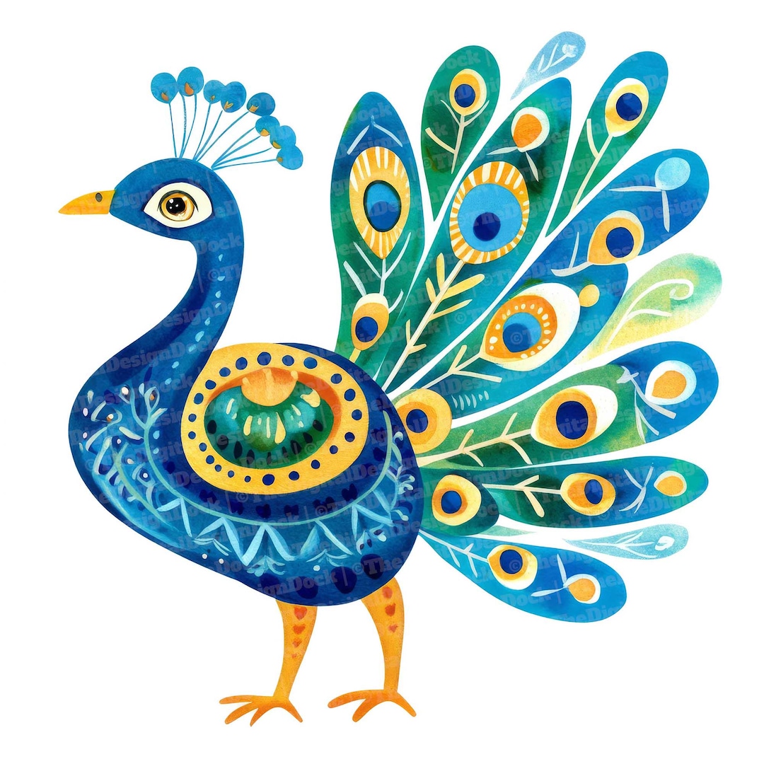 Folk Art Peacock Clip Art, 12x Decorative Peacock Clipart Set ...