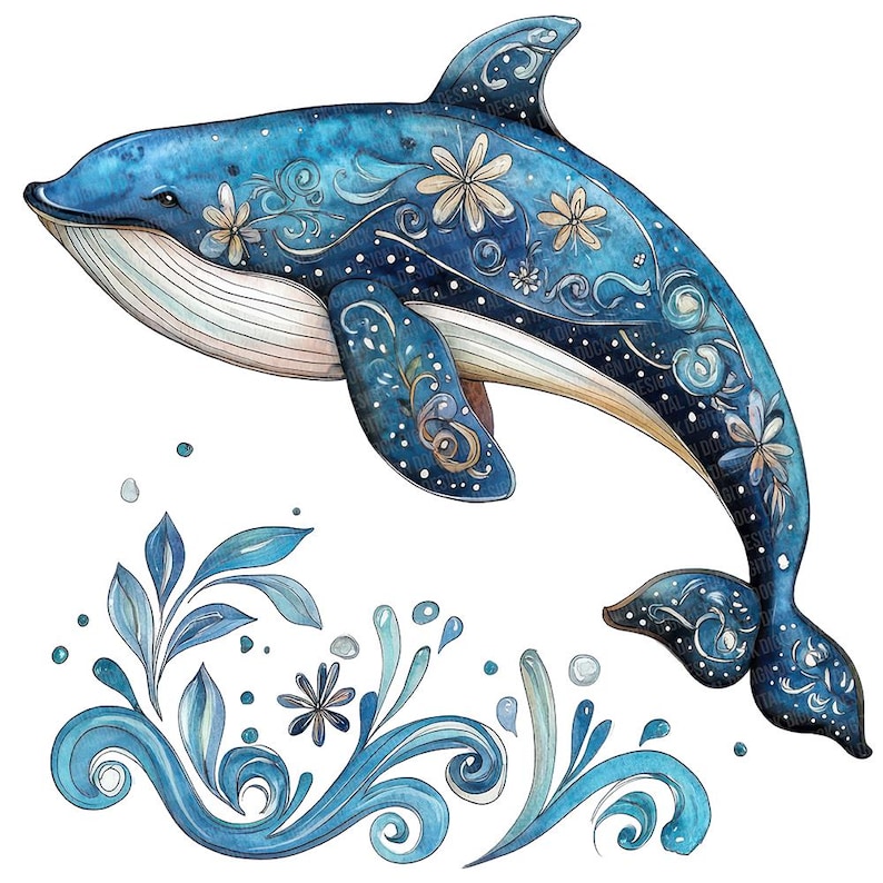Whale PNG Clip Art, 12x Folk Art Whale Splash Clipart Set, Watercolor ...
