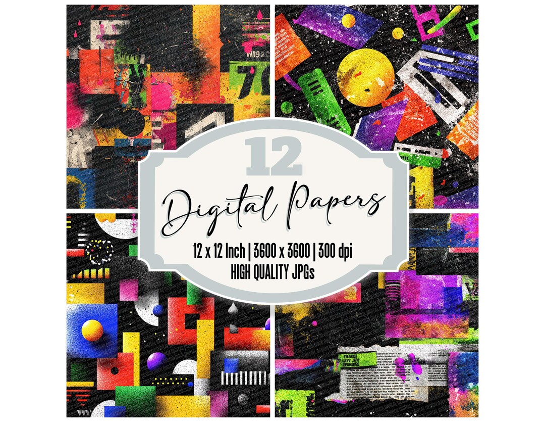12x Rave Flyer Junk Journal Paper Neon Digital Paper Pack Red Blue ...