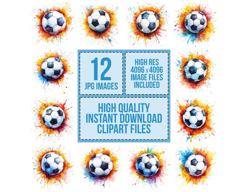 12 Soccer Watercolor Clipart, Sports Ball Art, Football Printable ...