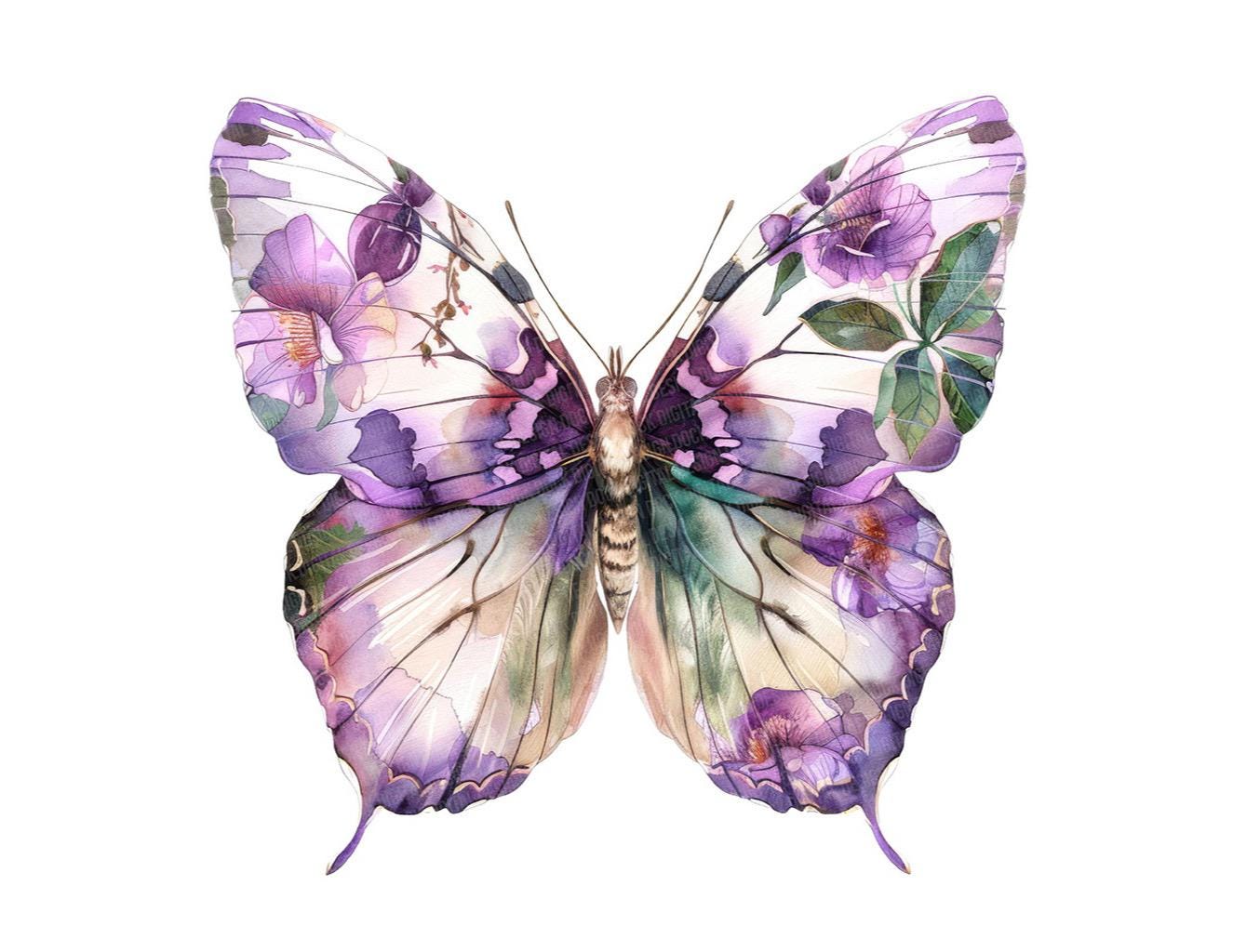 Purple Butterfly PNG Clipart, 12x Floral Insect Clip Art Set, Printable ...