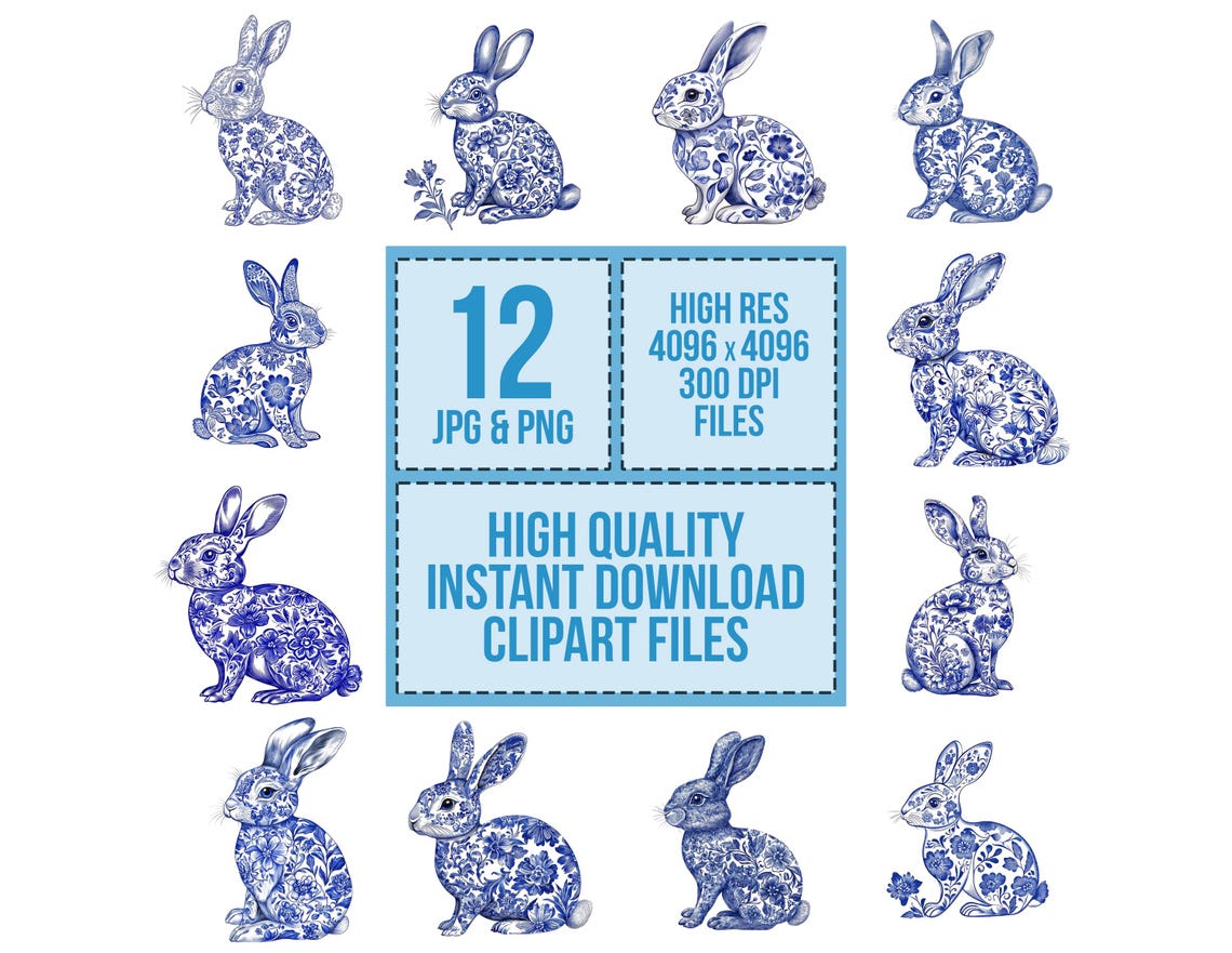 Delft Blue Rabbit Clipart, 12x Watercolor Bunny PNG Set, Floral Rabbit ...