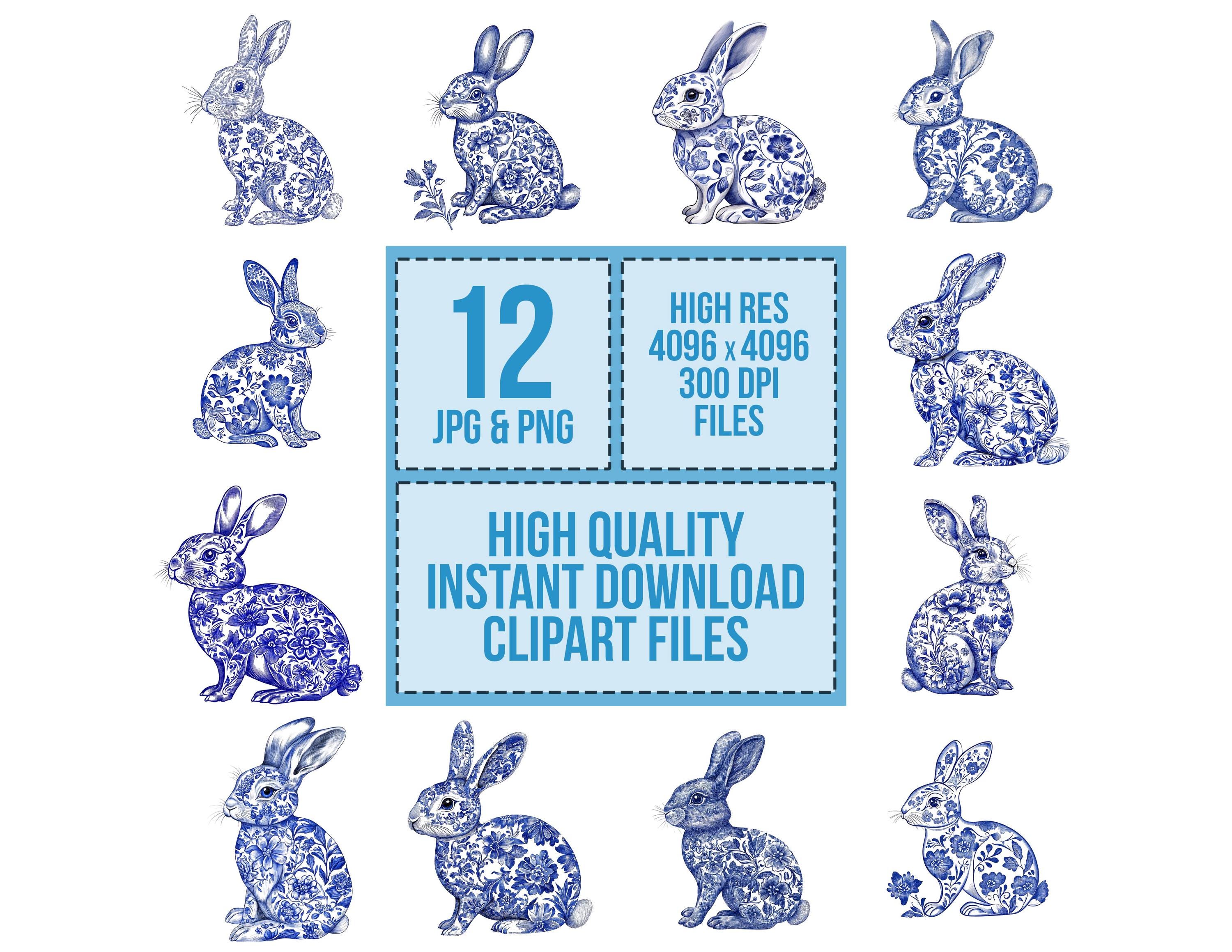 Delft Blue Rabbit Clipart, 12x Watercolor Bunny PNG Set, Floral Rabbit ...