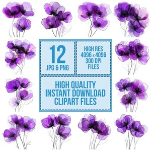 Royal Purple Floral PNG Clip Art, 12x Abstract Flower Clipart Set ...