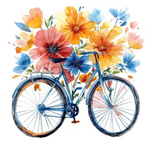 12x Bicycle Clipart, Floral Bicycle Clipart, Printable Watercolor ...