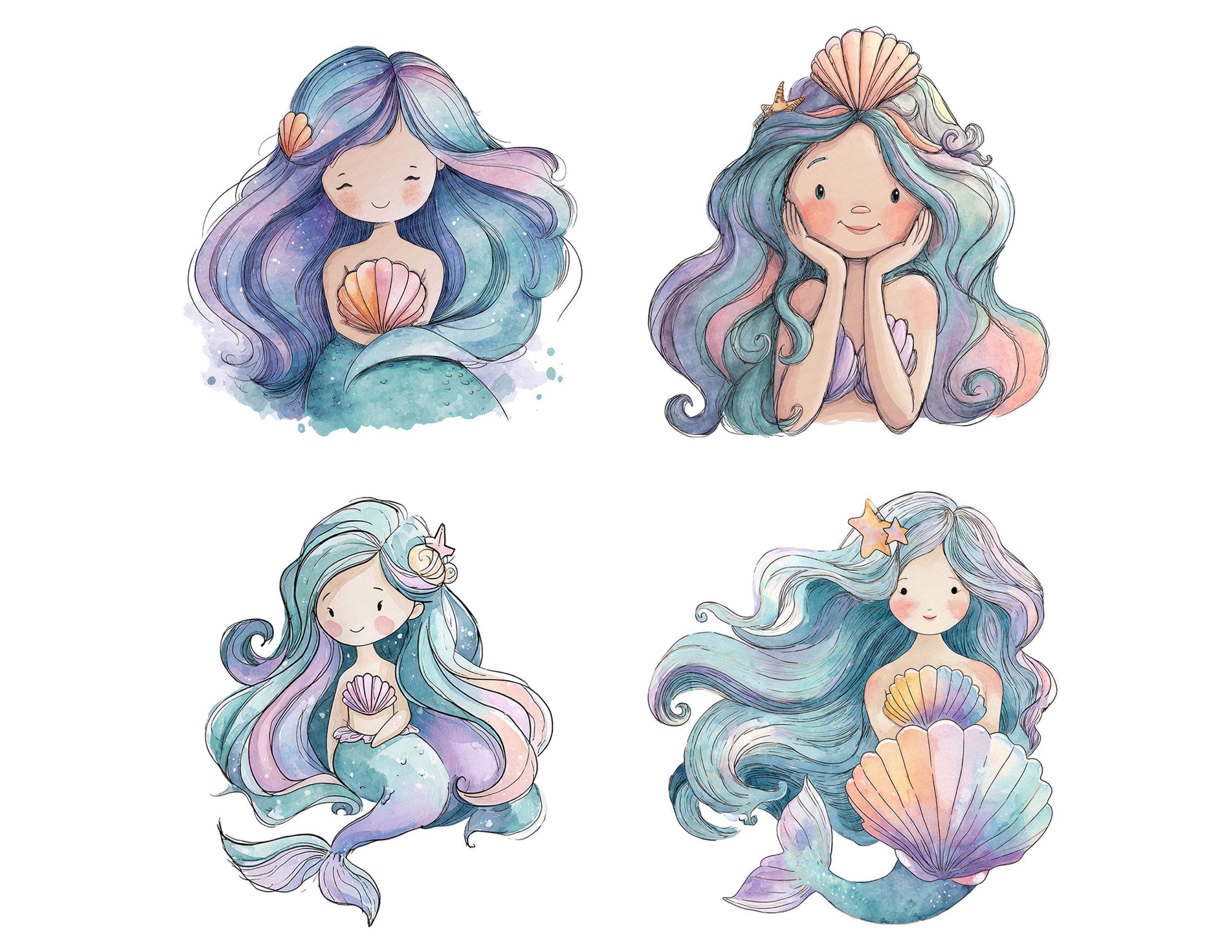 12x Watercolour Mermaid PNG Clipart, Cartoon Sea Princess Clip Art Set ...