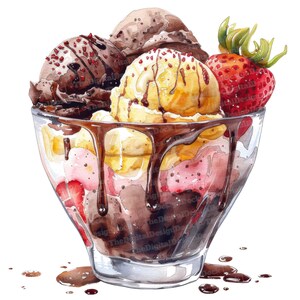 12 Banana Split Ice Cream Clipart, Watercolor Sundae Dessert Clipart ...