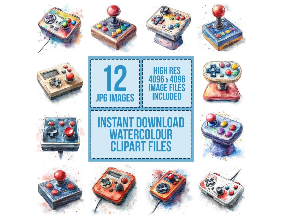 12 Retro Gamepad Clipart, Watercolor Gaming Clipart, Printable ...