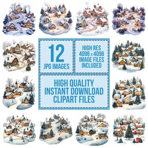 12x Winter Village Clipart, Snowy Cartoon Houses Scene, Printable ...