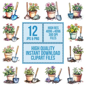 12x Gardening PNG Clipart, Potted Flowers and Tools Clip Art Set ...