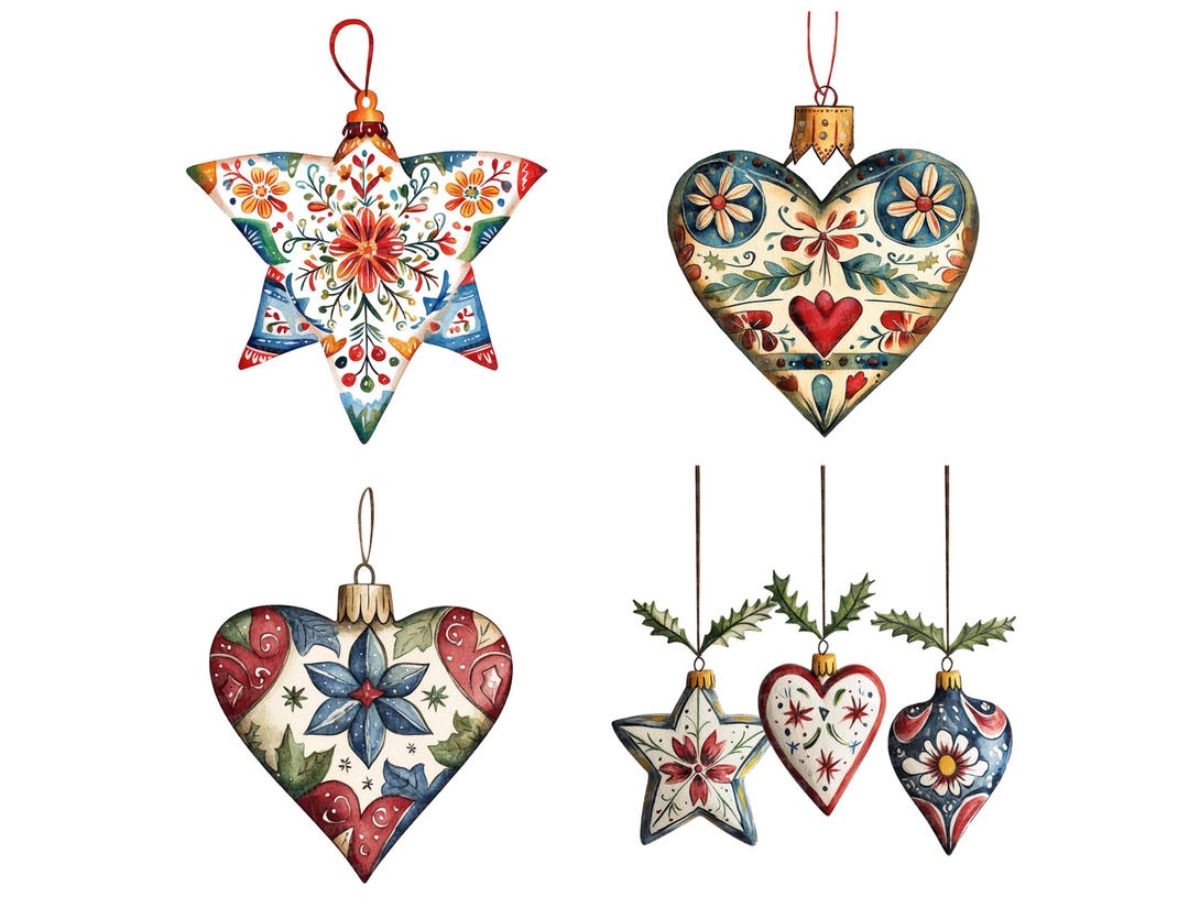 Christmas Ornament Clip Art, 12x Folk Art Ornaments Clipart Set ...