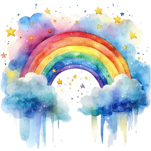 12x Rainbow and Clouds Clipart, Watercolor Stars and Rainbow, Printable ...