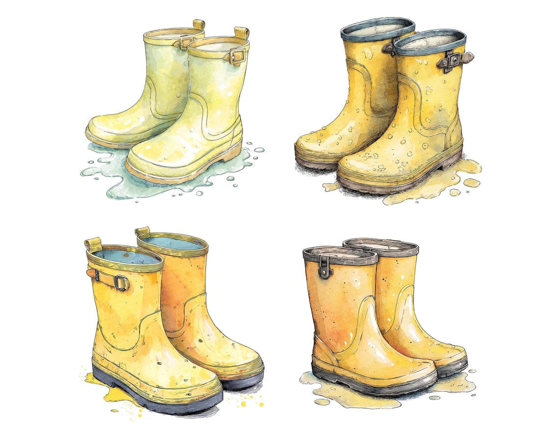 12x Yellow Boots PNG Clipart, Watercolor Rain Boots Clip Art Set ...