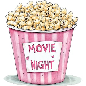 Popcorn PNG Clipart, 12x Watercolor Movie Night Clip Art Set, Printable ...