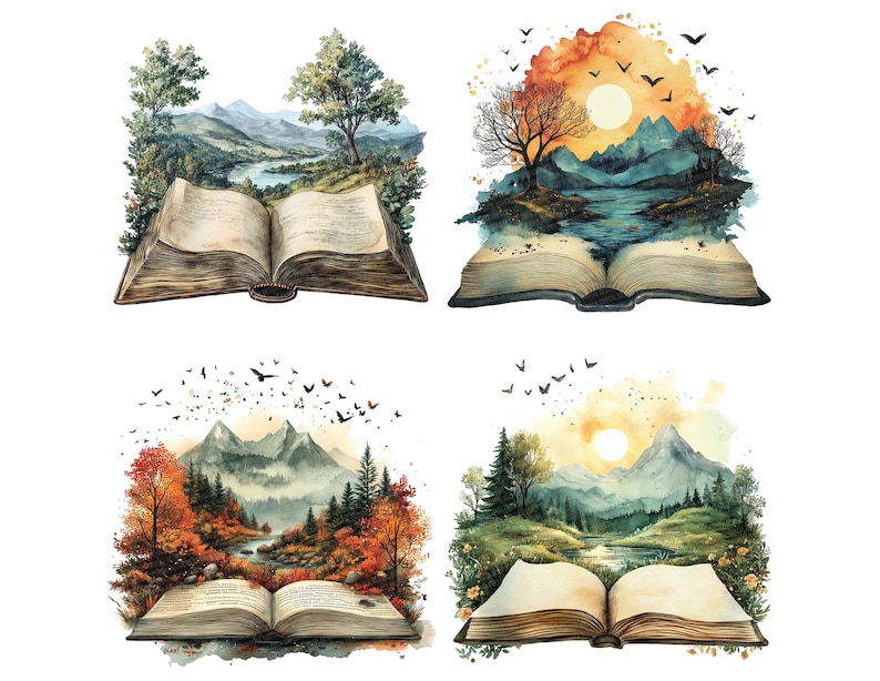 Magical Landscape Book PNG Clipart, 12x Watercolor Fantasy Open Book ...
