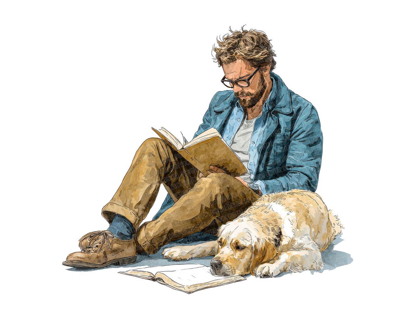 12x Man Reading With Dog PNG Clipart, Watercolor People and Pets Clip ...
