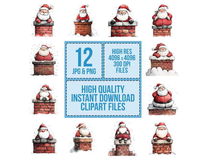 12x Santa in Chimney PNG Clipart, Watercolor Christmas Santa Clip Art ...