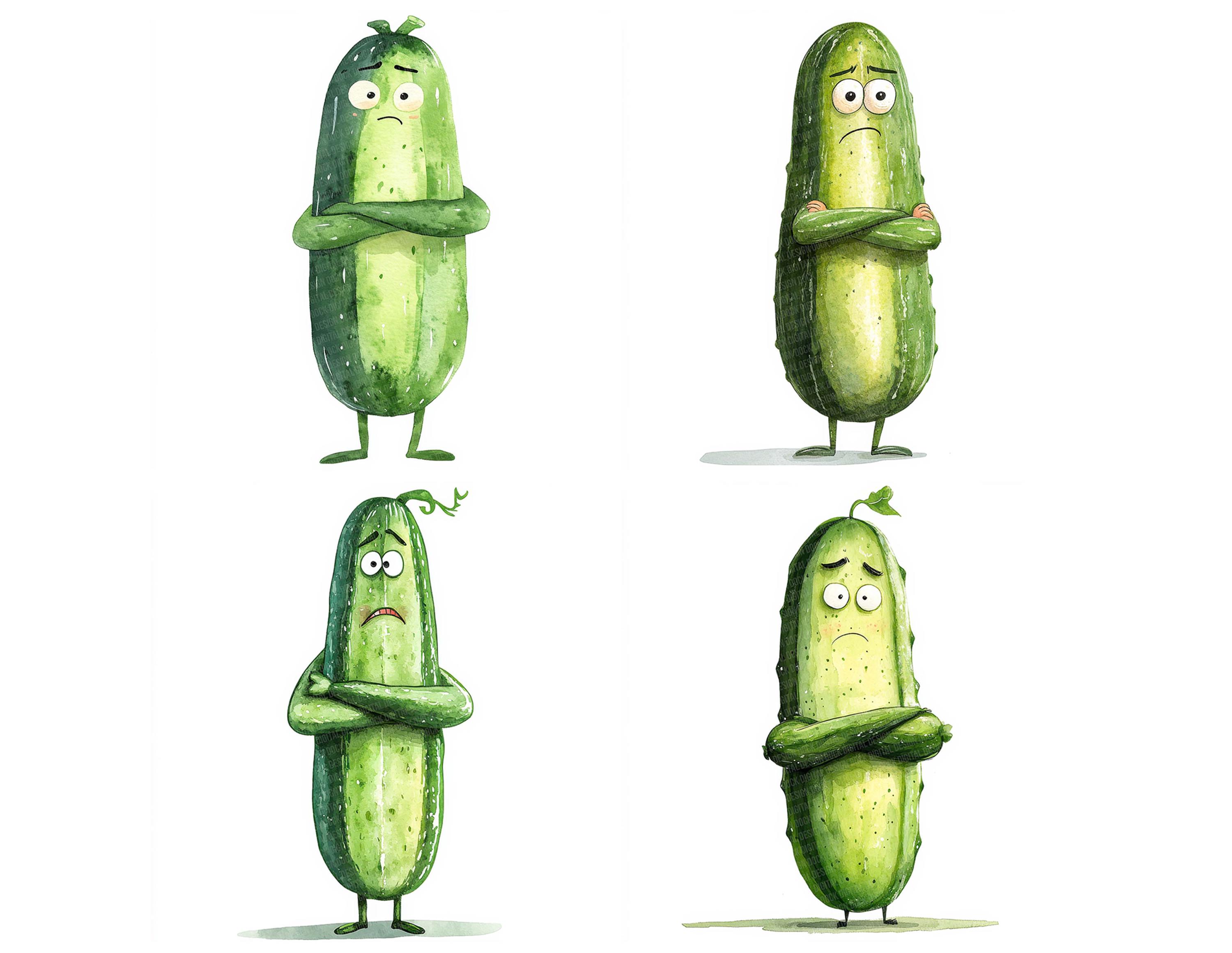 12x Grumpy Cucumber PNG Clip Art, Watercolor Green Cartoon Vegetable ...