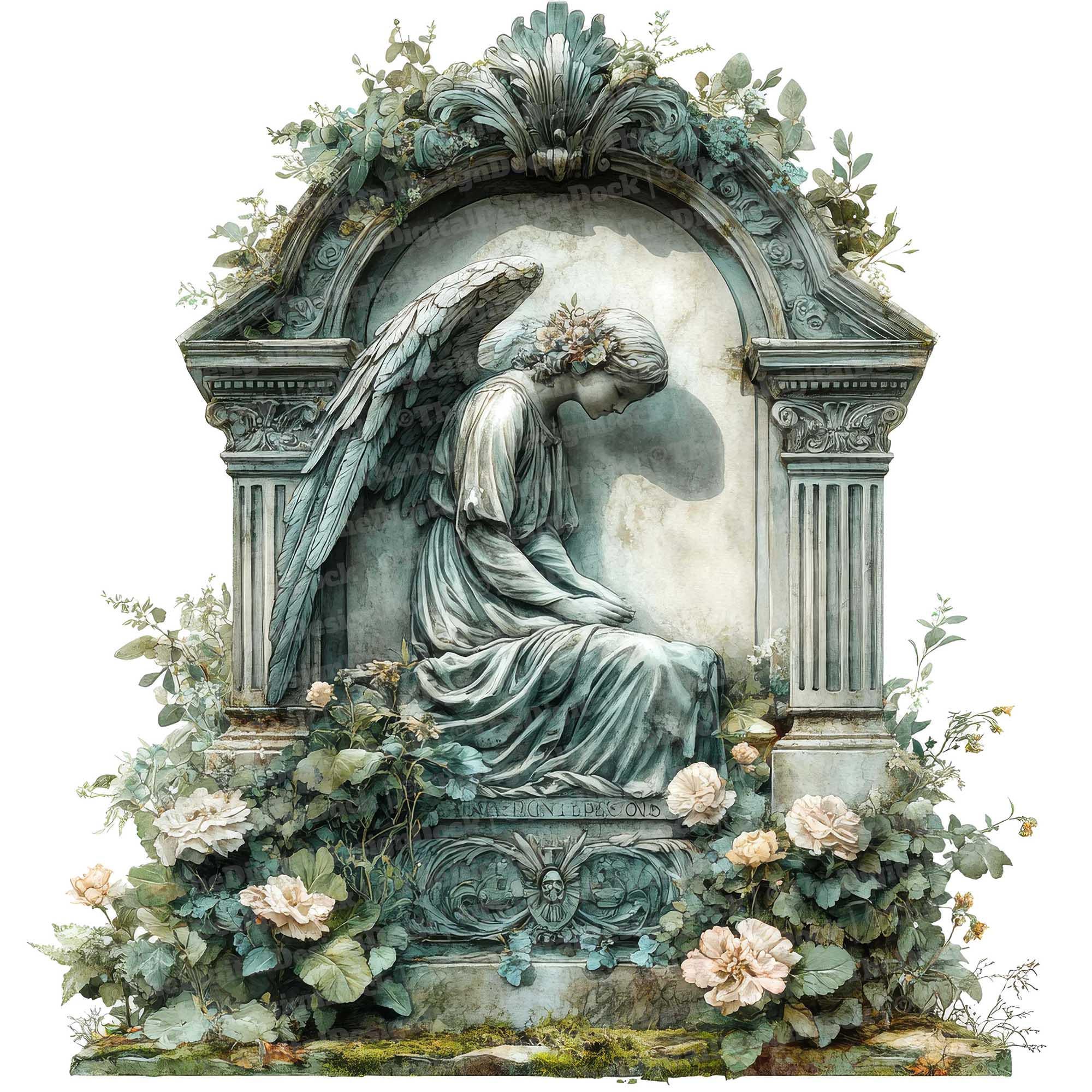 12 Angel Memorial Clipart, Floral Gravestone Clipart, Printable ...