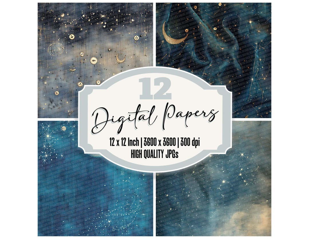 12x Celestial Junk Journal Paper, Moon & Stars Digital Paper Pack ...