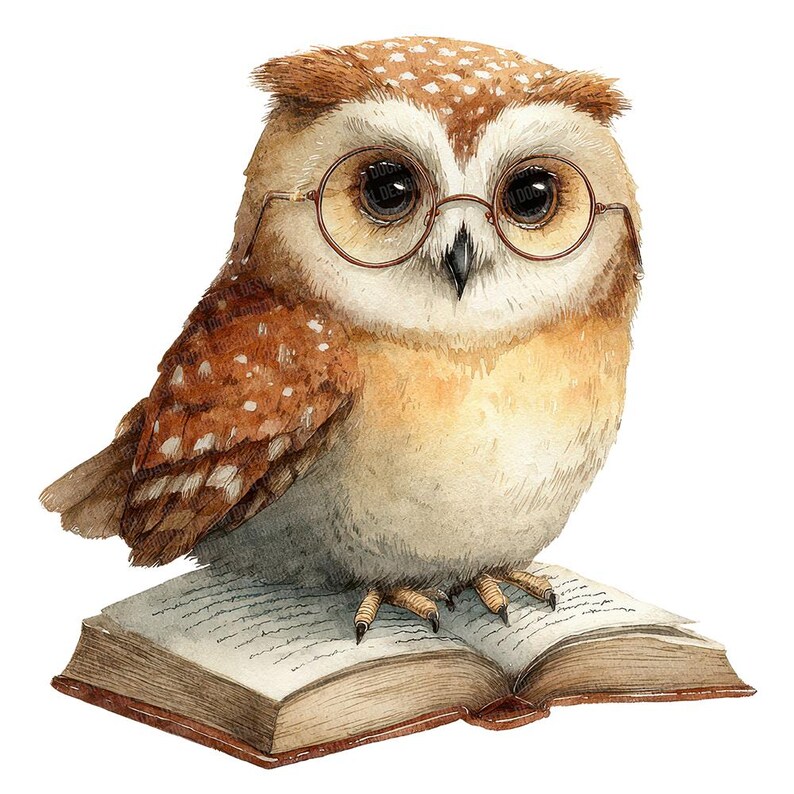 Owl PNG Clipart, 12x Bookish Animal Clip Art Set, Printable Watercolor ...