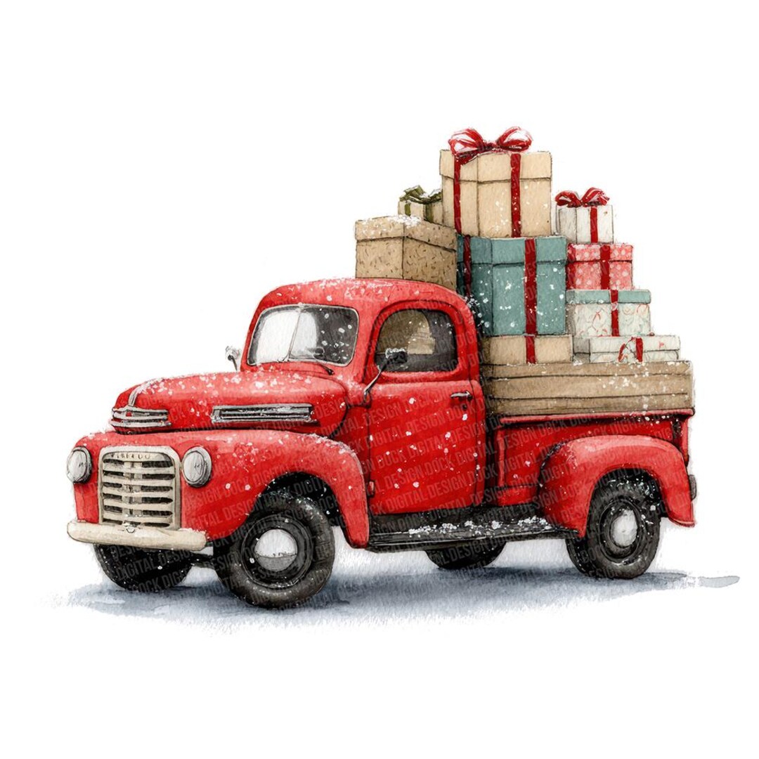 12x Christmas Truck PNG Clipart, Watercolor Red Truck With Gifts Clip ...