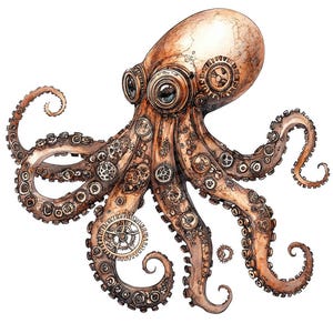 Steampunk Octopus PNG Clipart, 12x Mechanical Kraken Clip Art Set,printable Watercolor ...